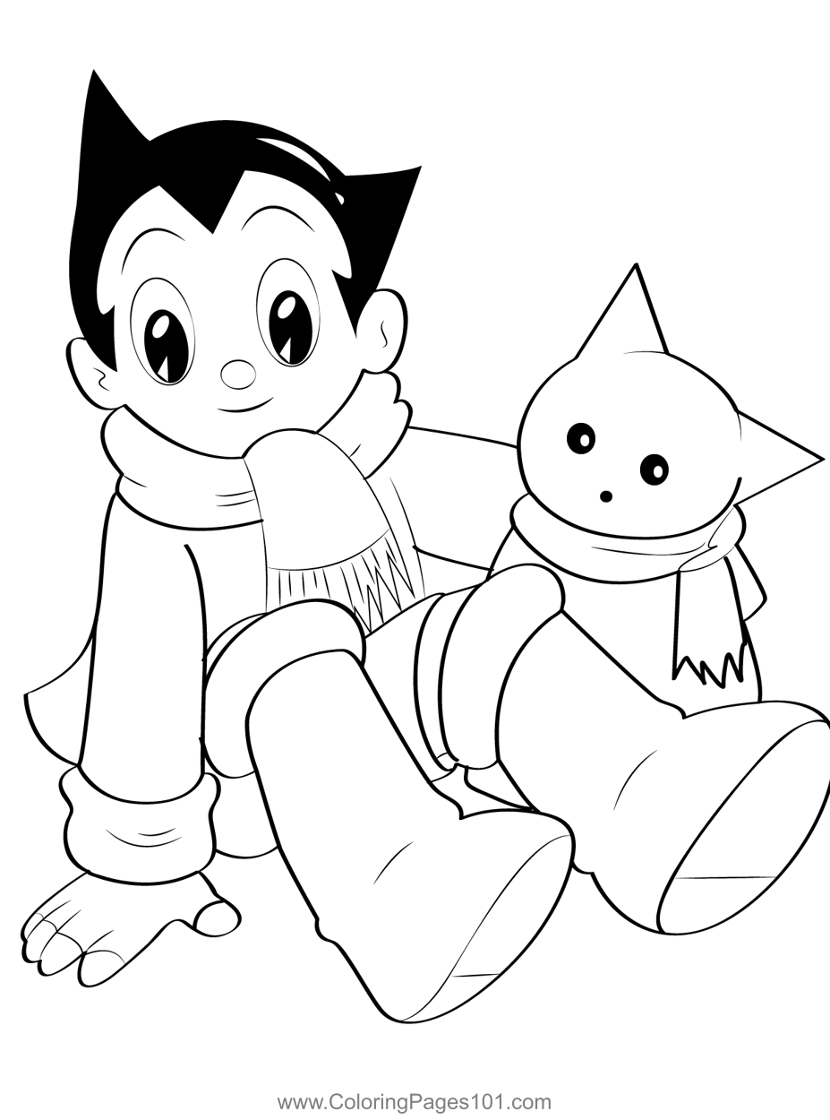 Astro Boy Sitting With Snow Cat Coloring Page for Kids - Free Astro Boy ...