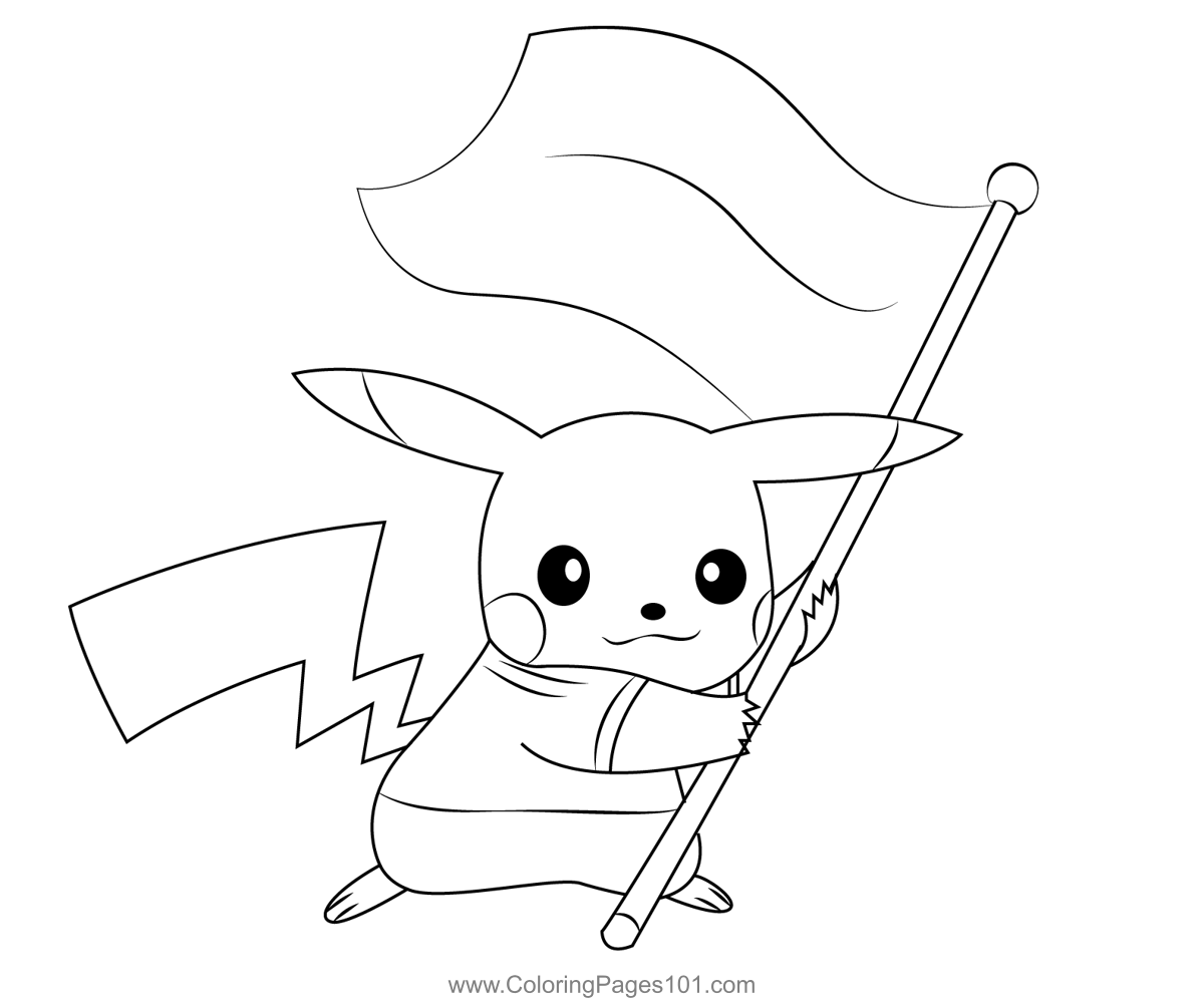 Pikachu With Flag Coloring Page for Kids - Free Pikachu Printable ...