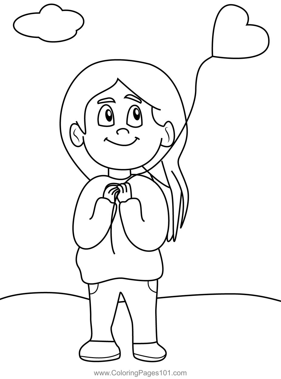 Girl With Love Balloon Coloring Page for Kids - Free Valentine's Day ...