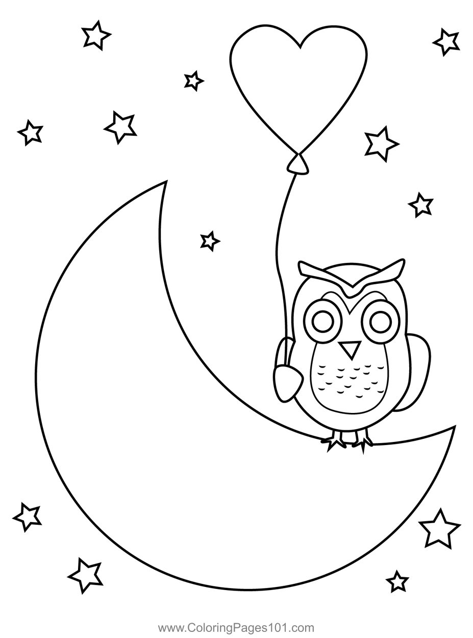 Owl On The Moon With Love Balloon Coloring Page for Kids - Free ...
