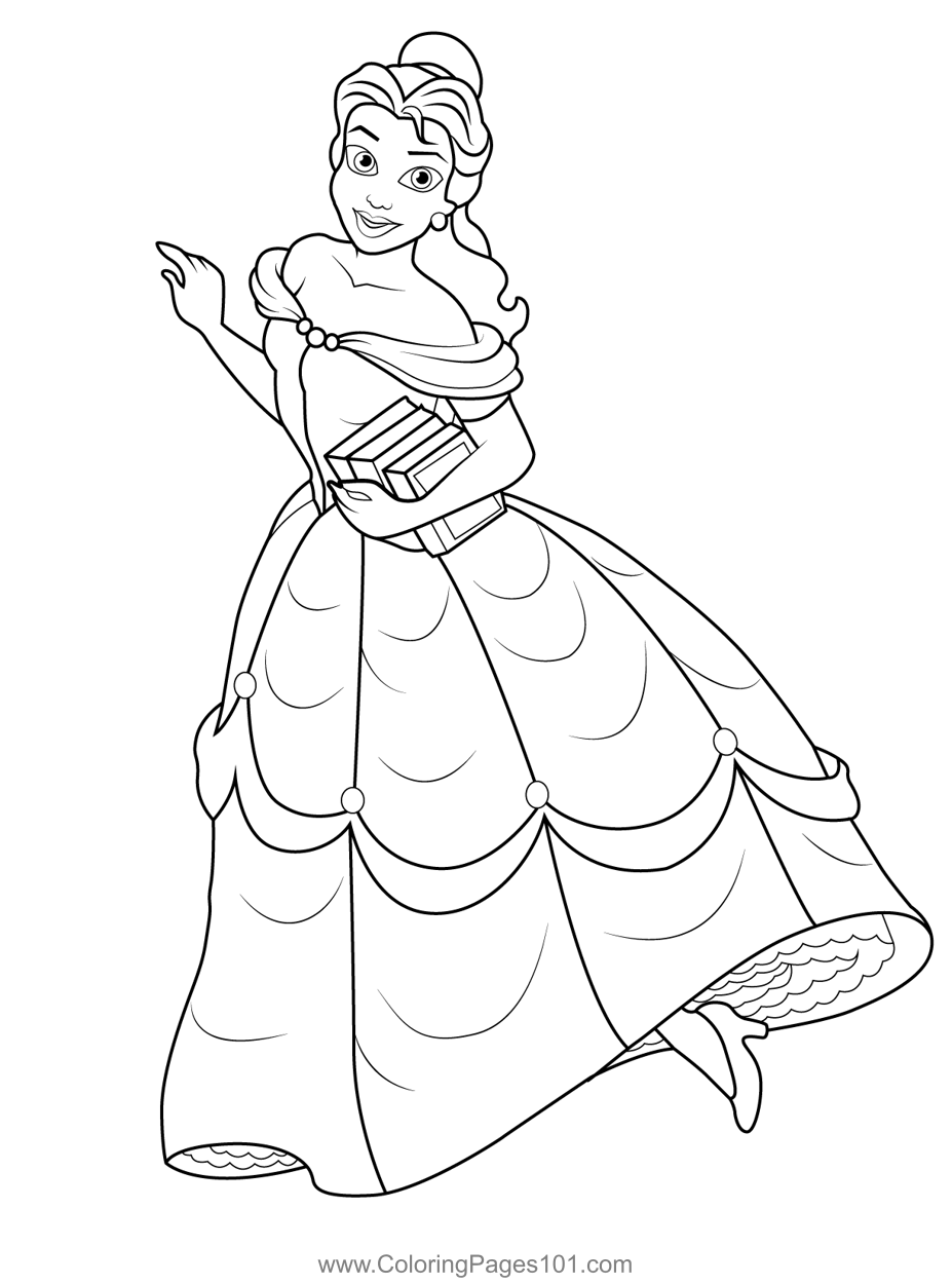 Belle with Books Coloring Page for Kids - Free Belle Printable Coloring ...